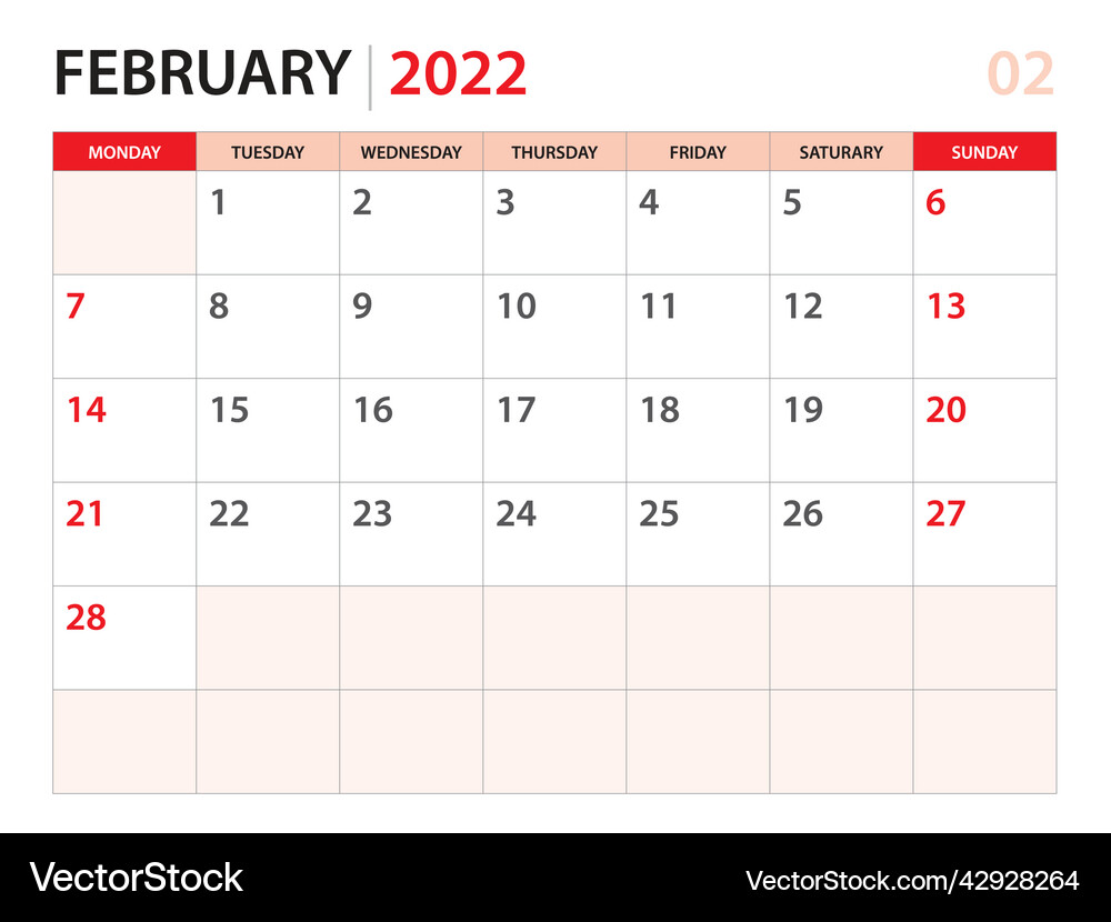 Calendar planner 2022 - february template Vector Image