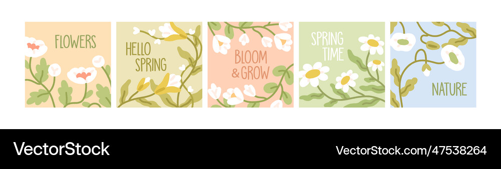 Floral square cards set cute nature postcard Vector Image