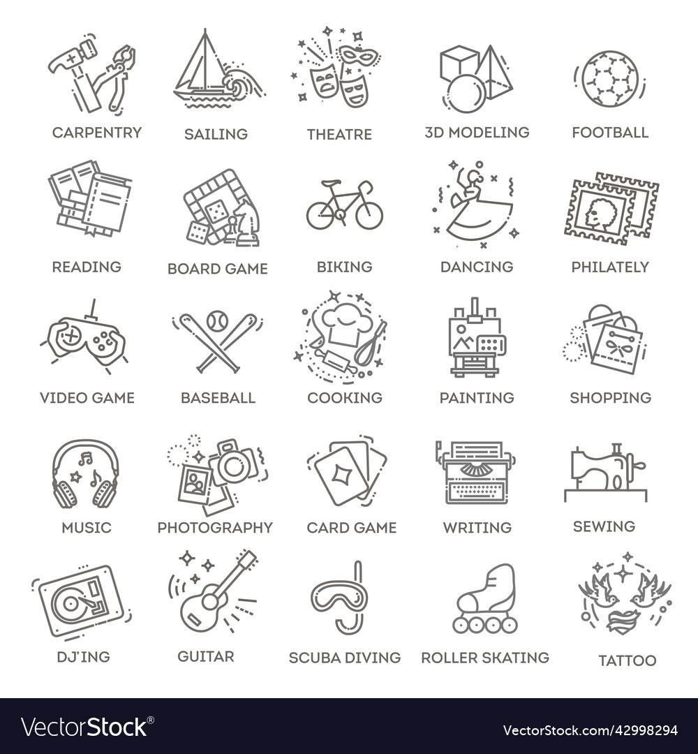 Hobbies and interest detailed line icons set Vector Image Hobbies and interest detailed line icons set Vector Image