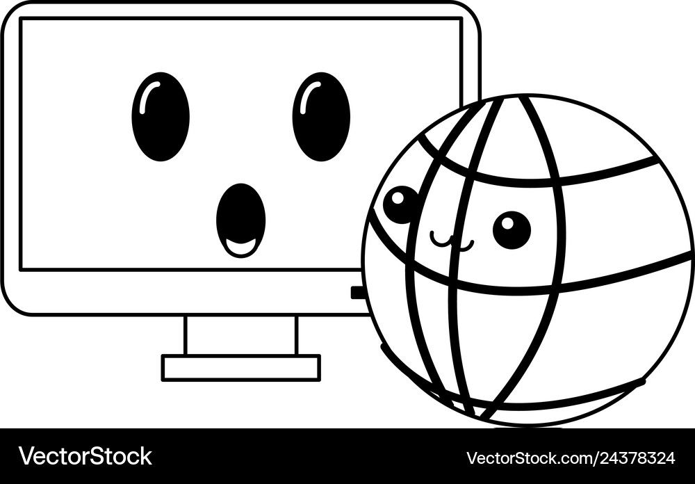 Computer and global sphere kawaii cartoon in black