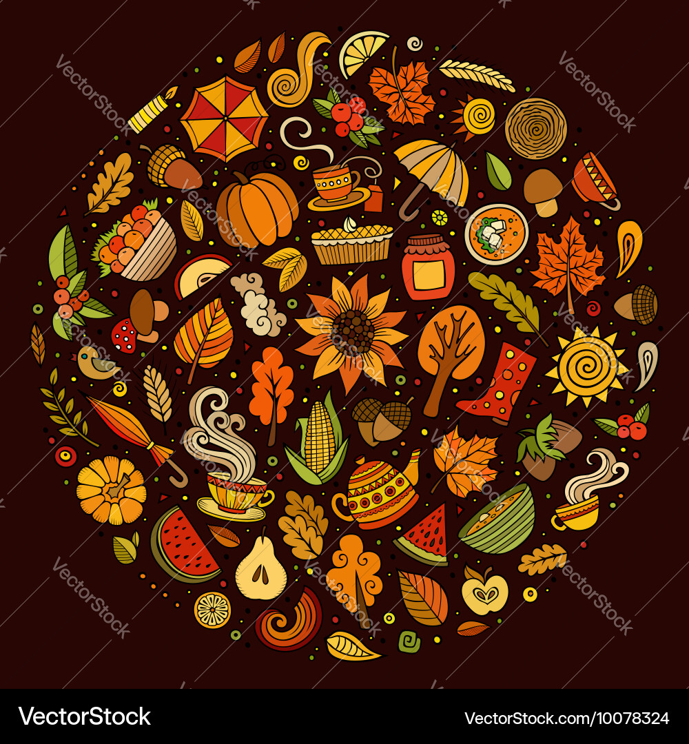 Doodle cartoon set autumn objects Royalty Free Vector Image