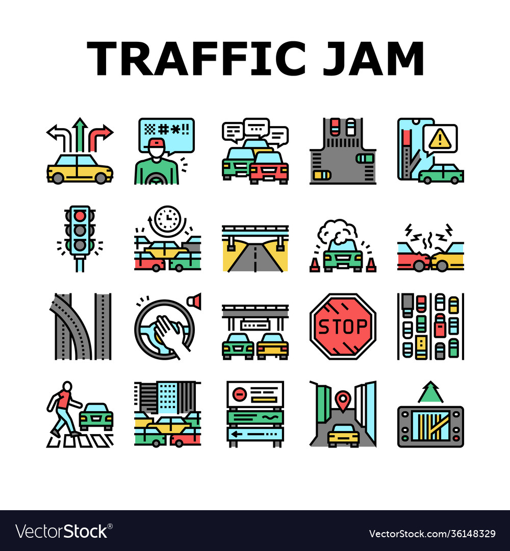 Traffic jam transport collection icons set Vector Image