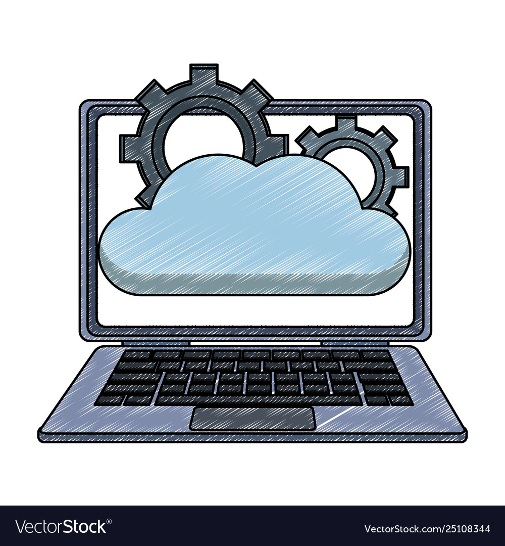 Laptop with cloud computing scribble Royalty Free Vector