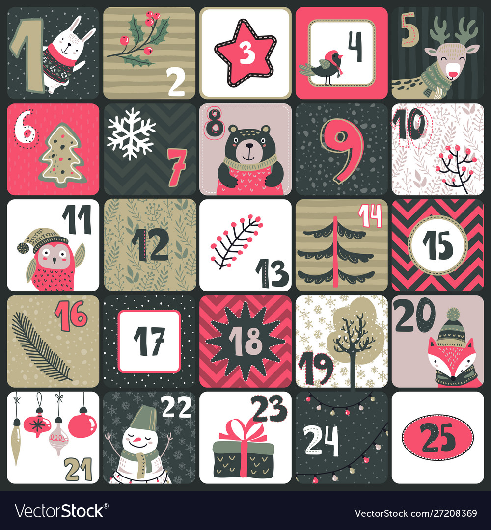 Christmas advent calendar with cute animals Vector Image