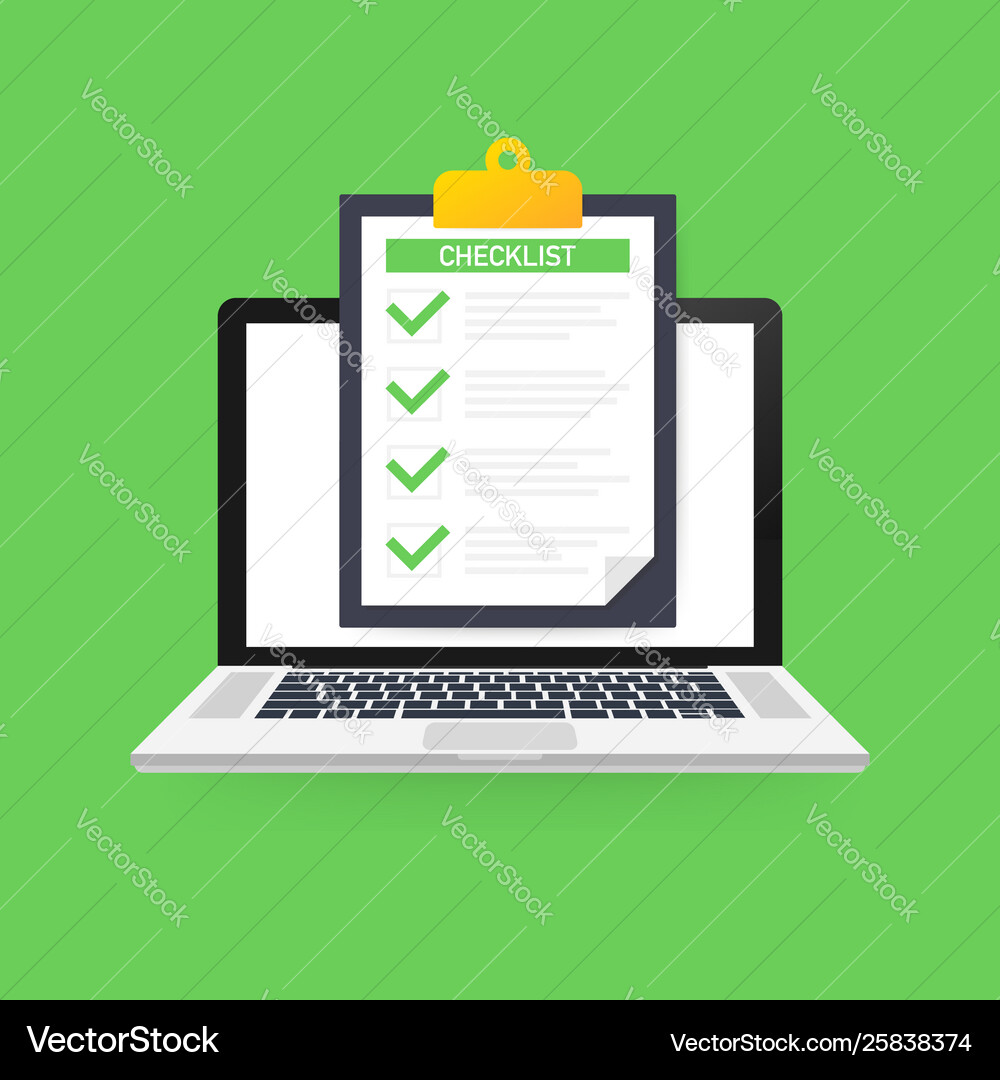 Clipboard and checklist on laptop in flat design Vector Image