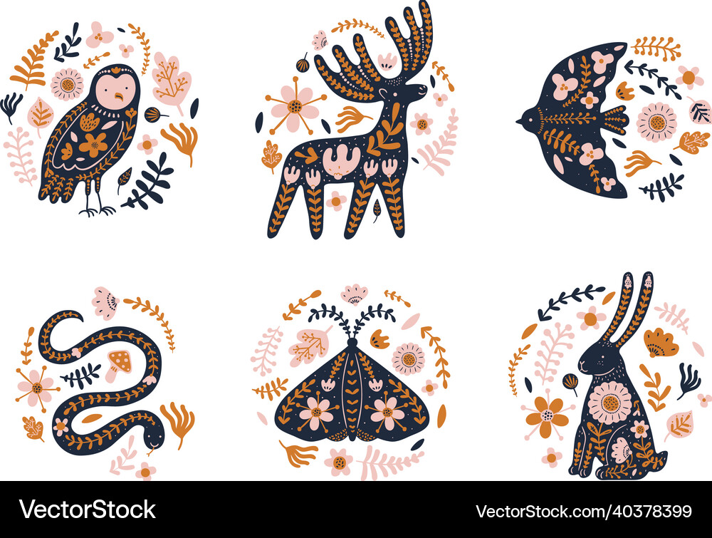 Floral animal emblems forest scandi fauna Vector Image