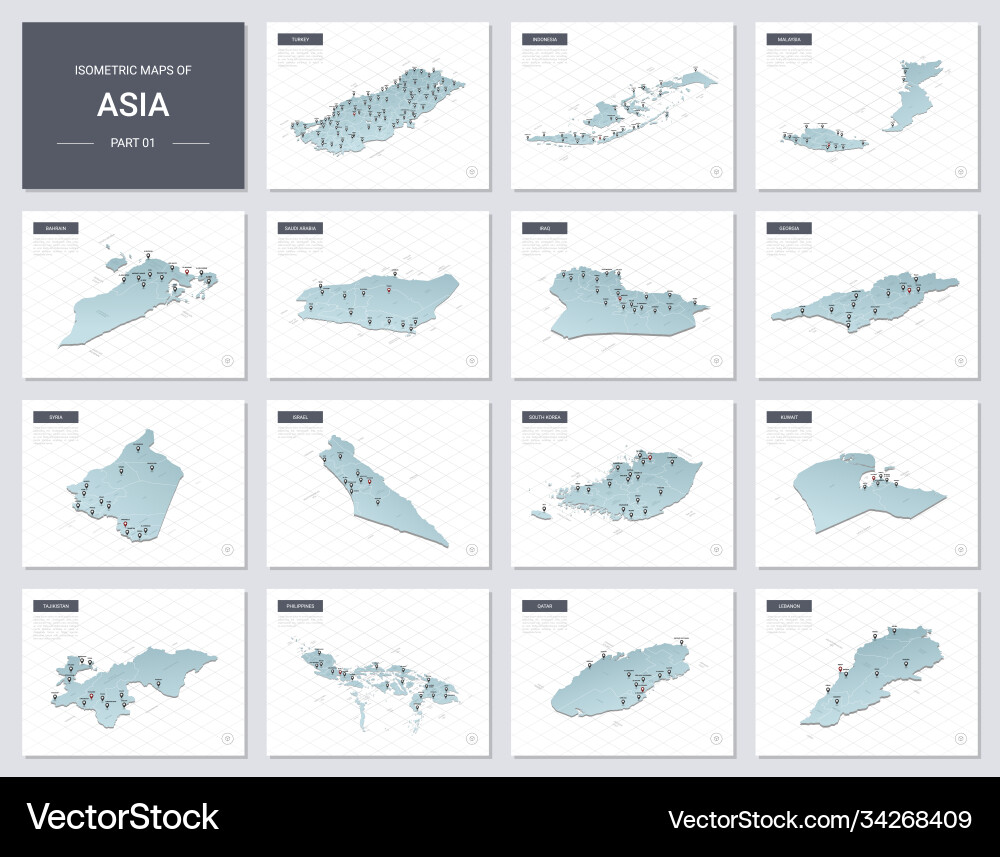 Isometric maps set - asia continent asian Vector Image