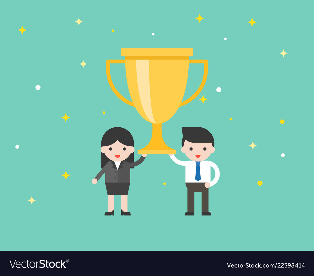 Cute businessman and manager holding big gold Vector Image Cute businessman and manager holding big gold Vector Image