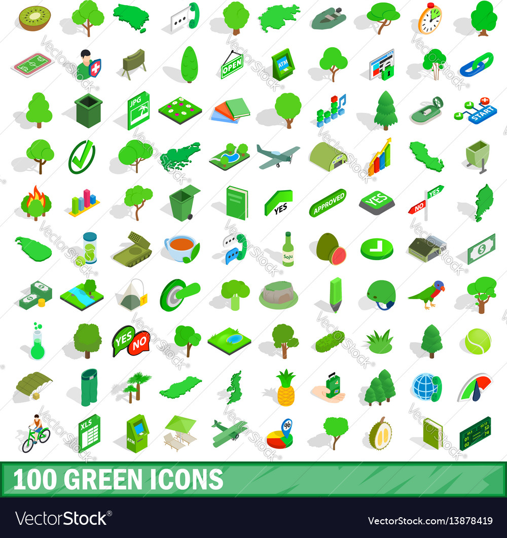 100 green icons set isometric 3d style Royalty Free Vector