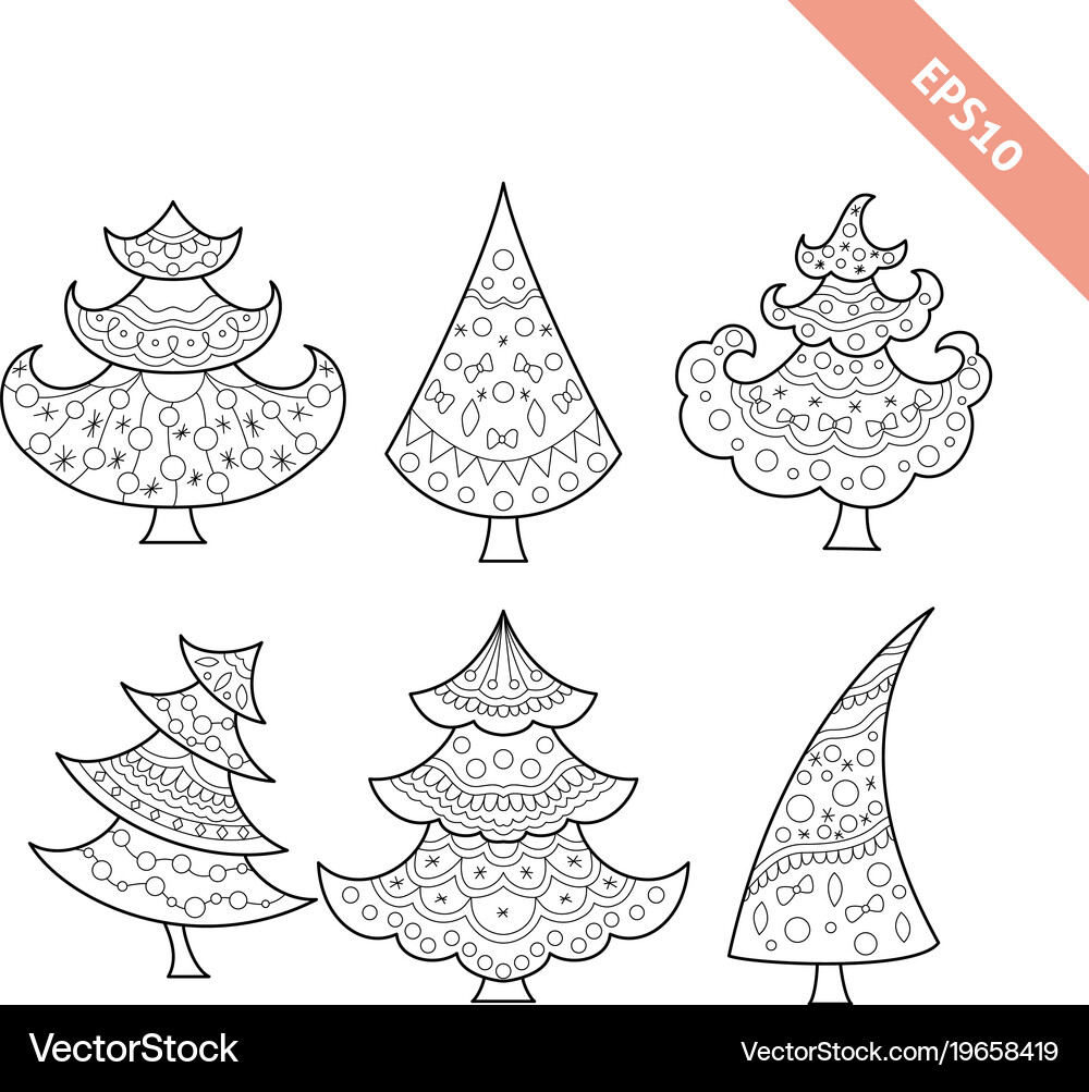 Black line christmas tree collection Royalty Free Vector