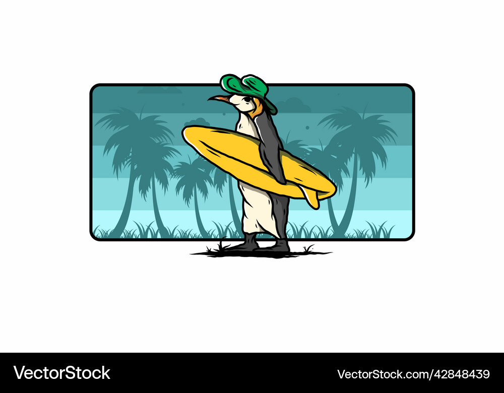 Cute penguin carrying a surfboard on the beach Vector Image