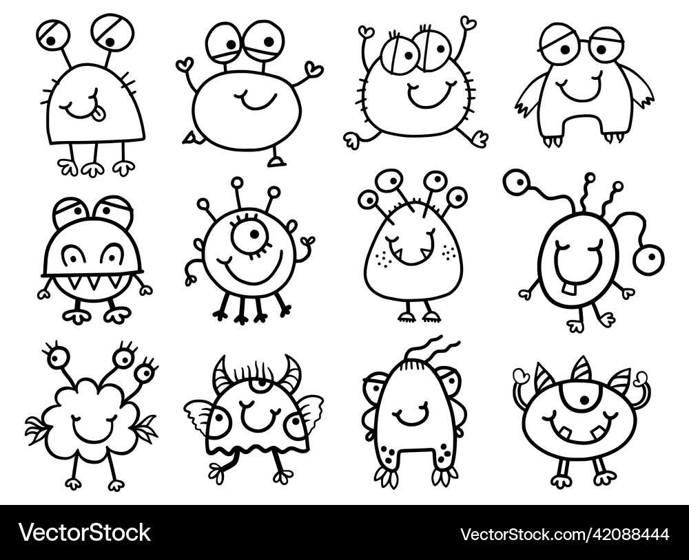 Black line cartoon doodle monsters Royalty Free Vector Image