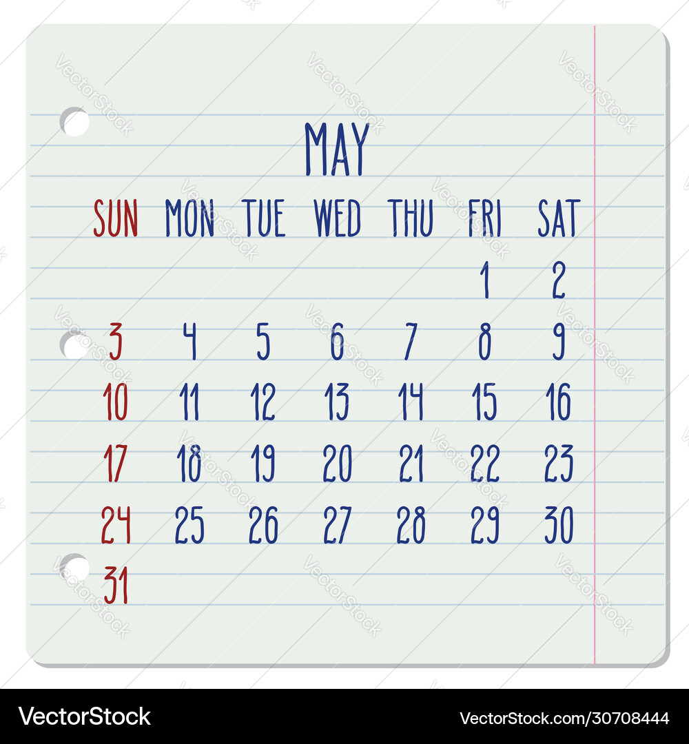 May year 2020 monthly notebook page calendar Vector Image