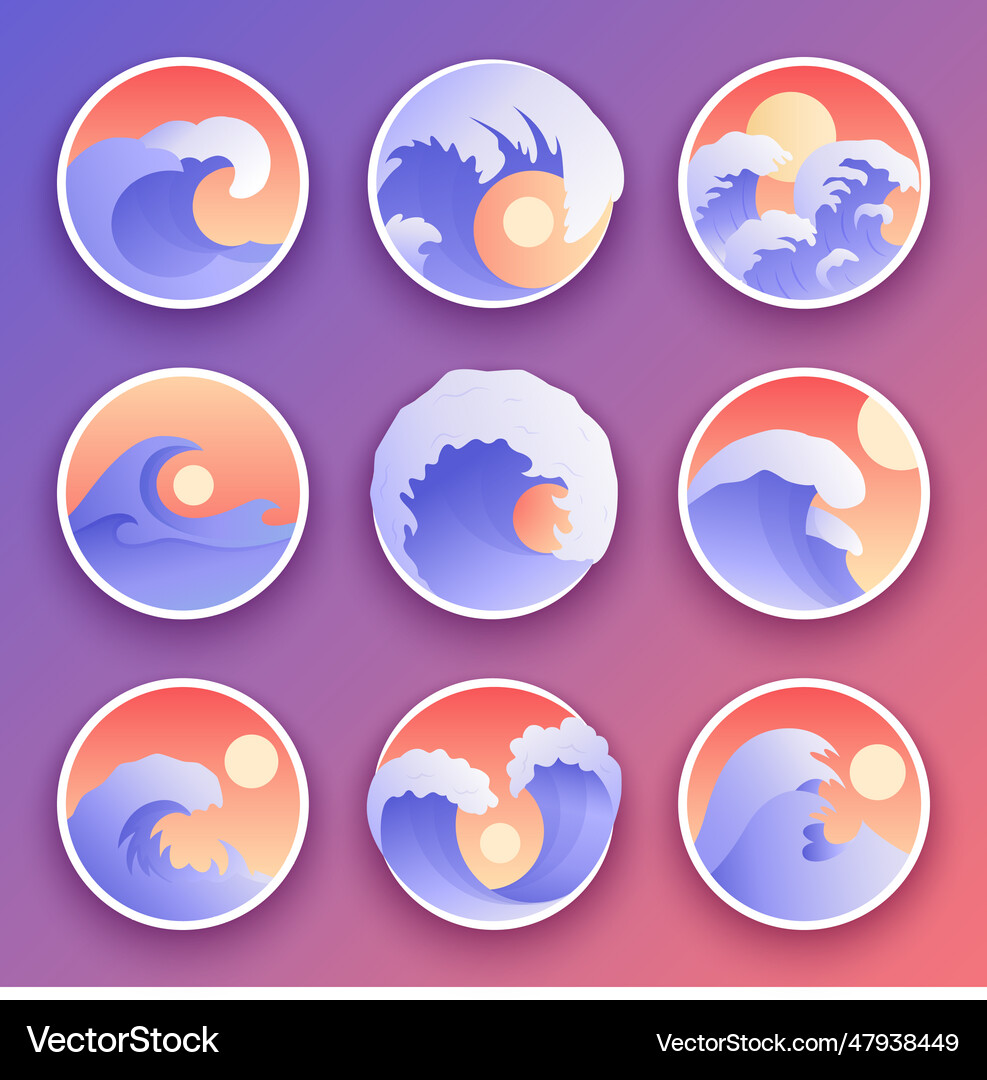 Ocean waves collection sea storm color waves Vector Image