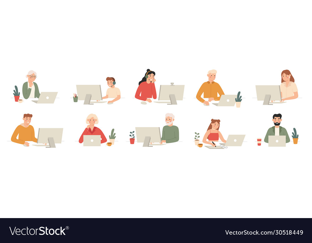 People work with computers students Royalty Free Vector