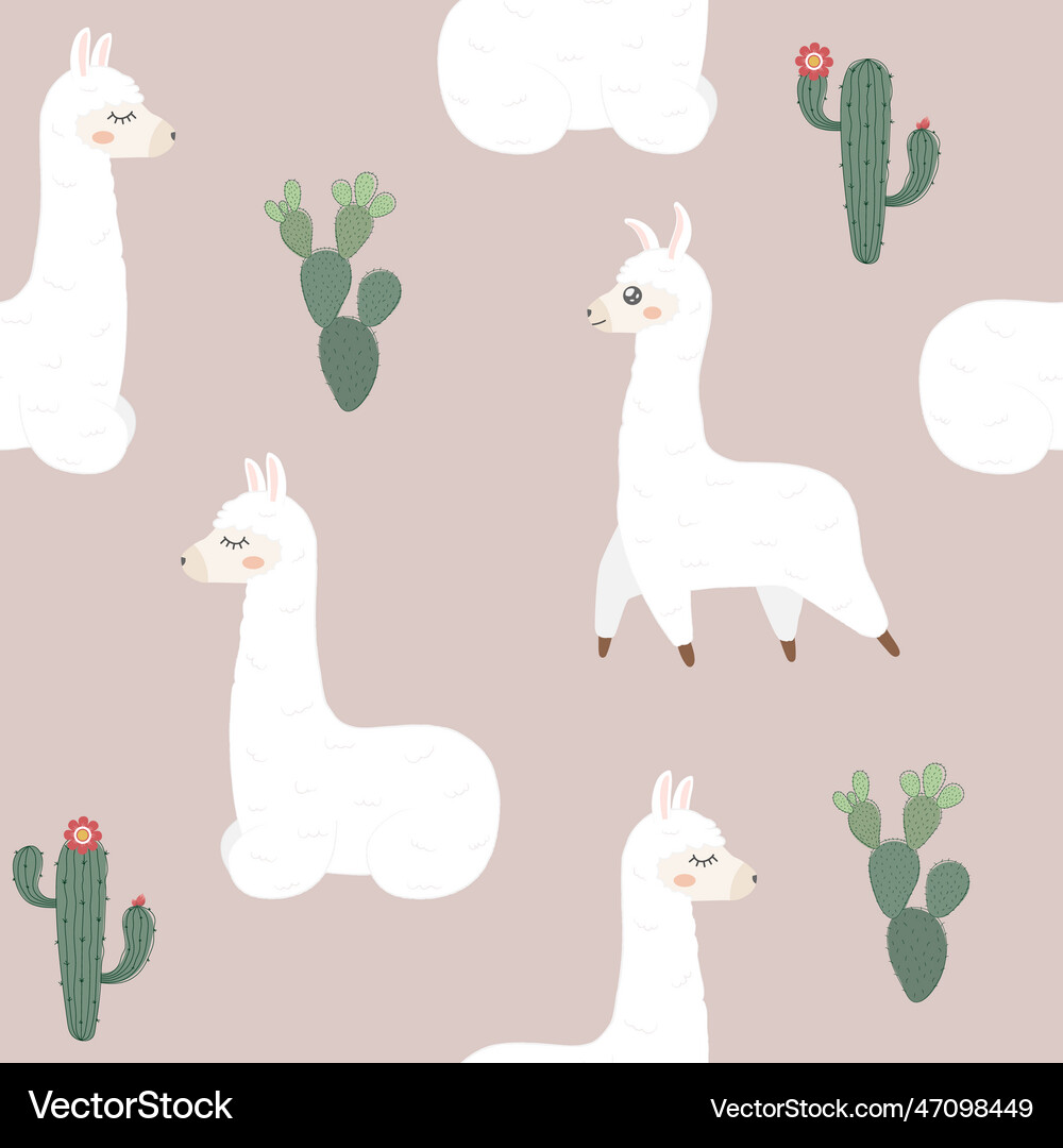Seamless pattern with cute alpacas and cactus Vector Image