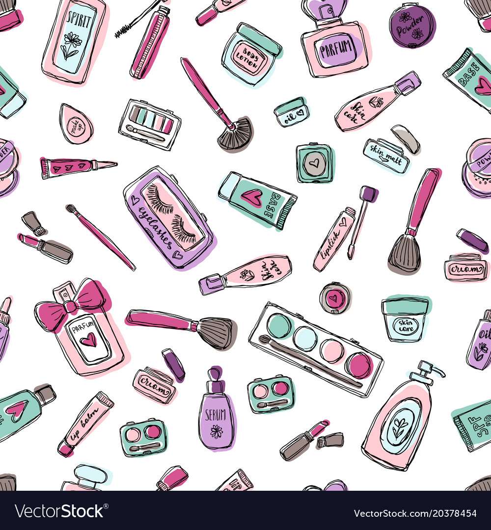 Makeup Products Set Cosmetics Seamless Hand Vector Image