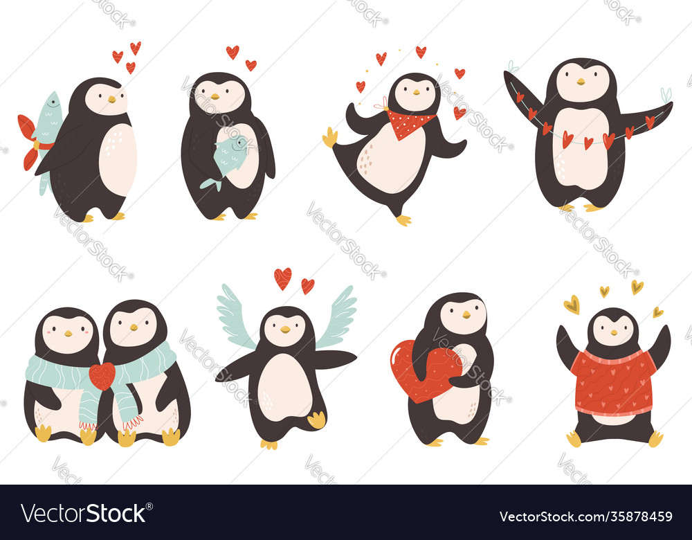 Set cute penguins for st valentines day Royalty Free Vector