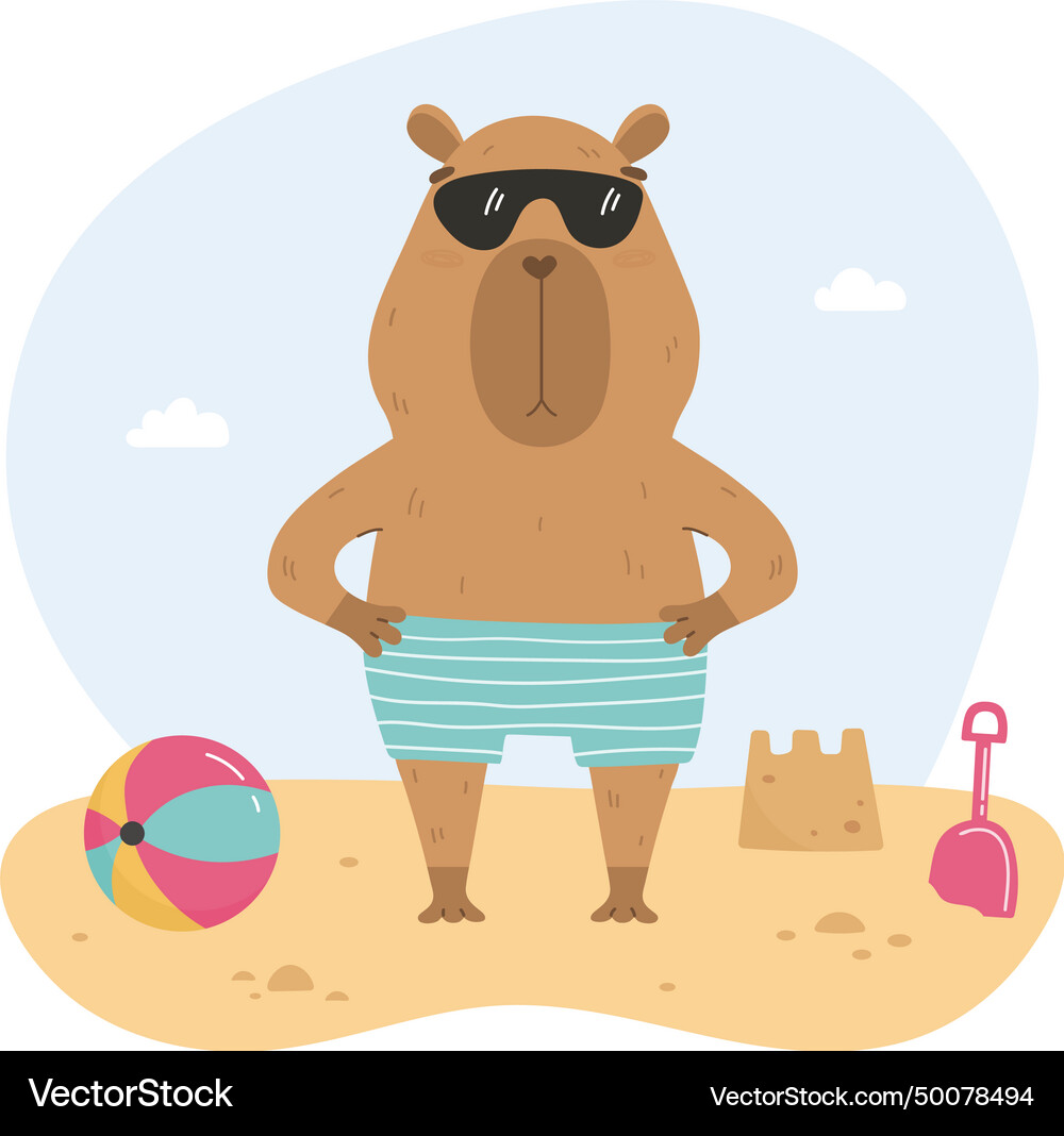 Cute capybara on the beach summer Royalty Free Vector Image