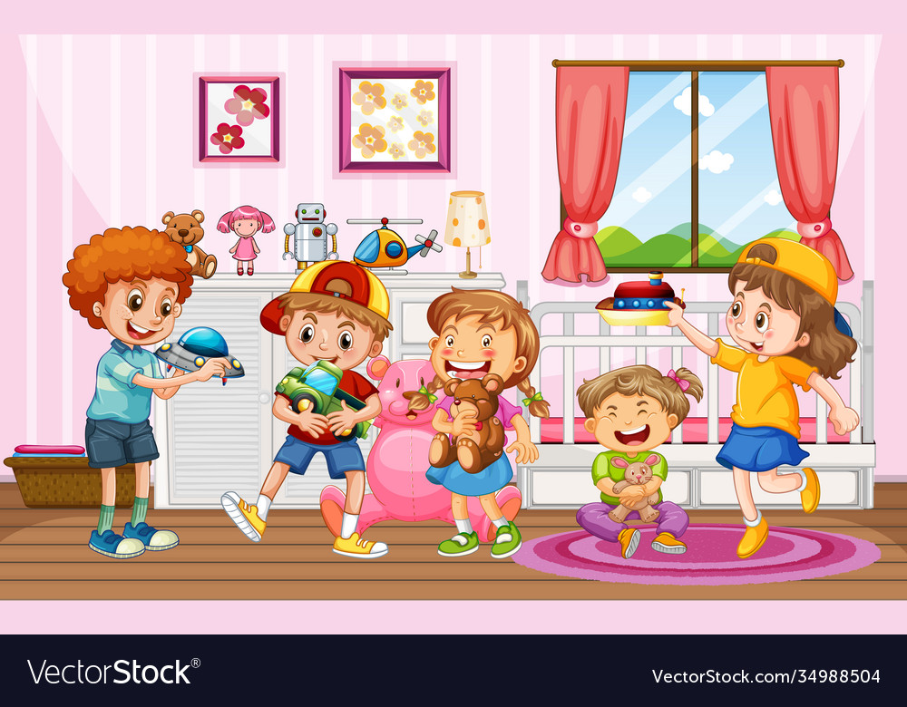 Children playing with their toys at home scene Vector Image