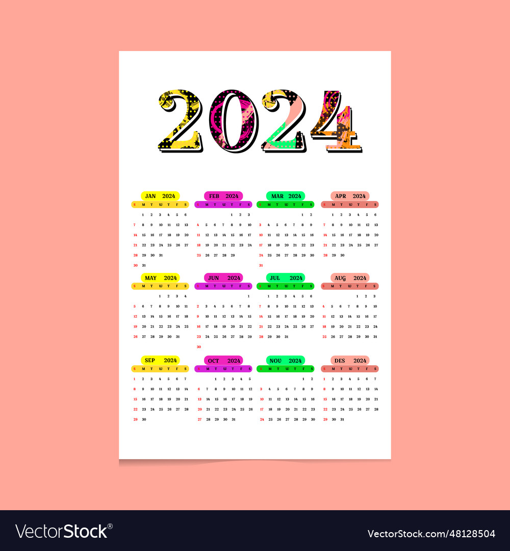 One page 2024 calendar template design Royalty Free Vector