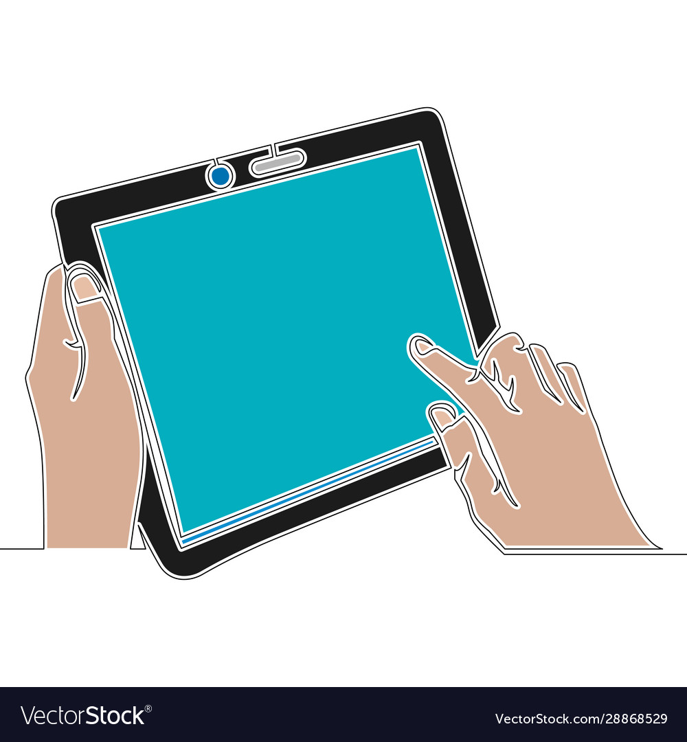 Flat continuous line art hand using tablet concept