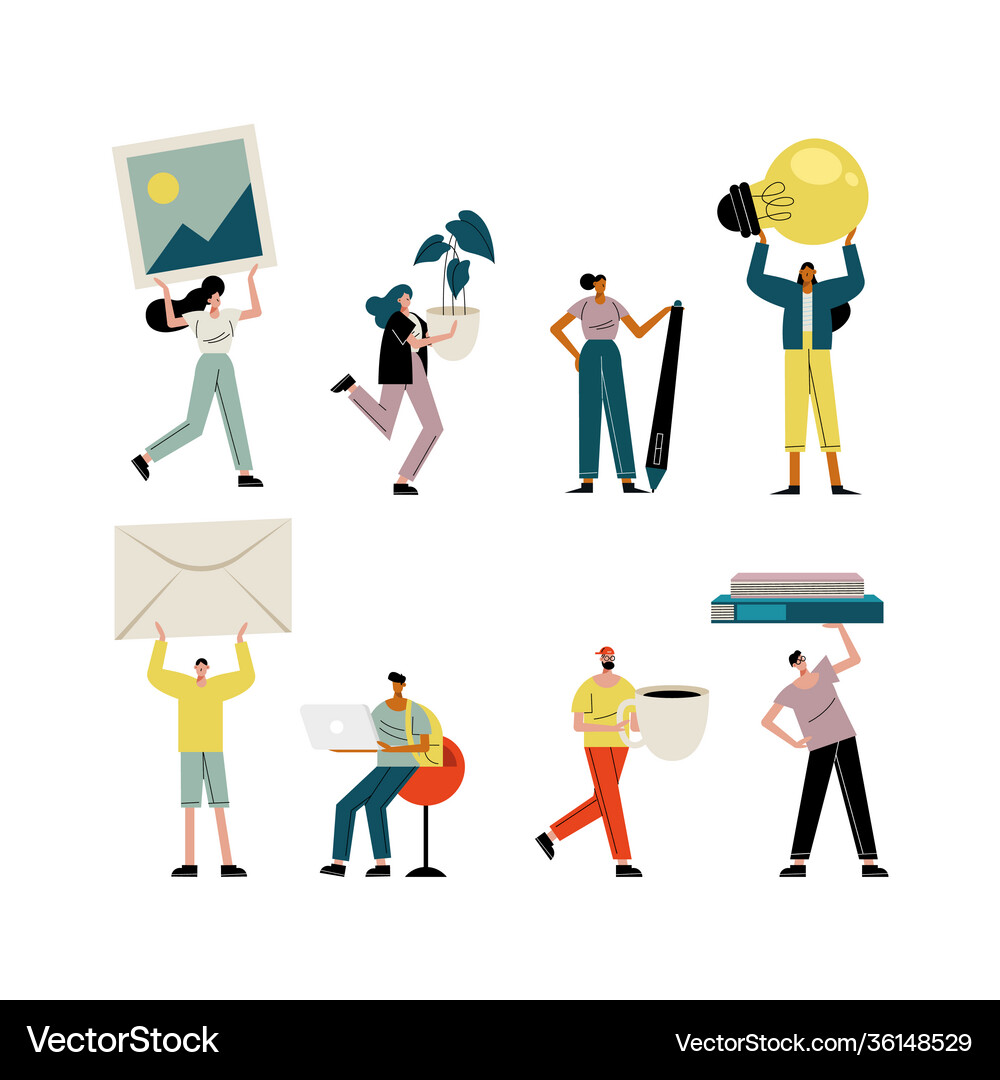 Young people lifting objects characters Royalty Free Vector