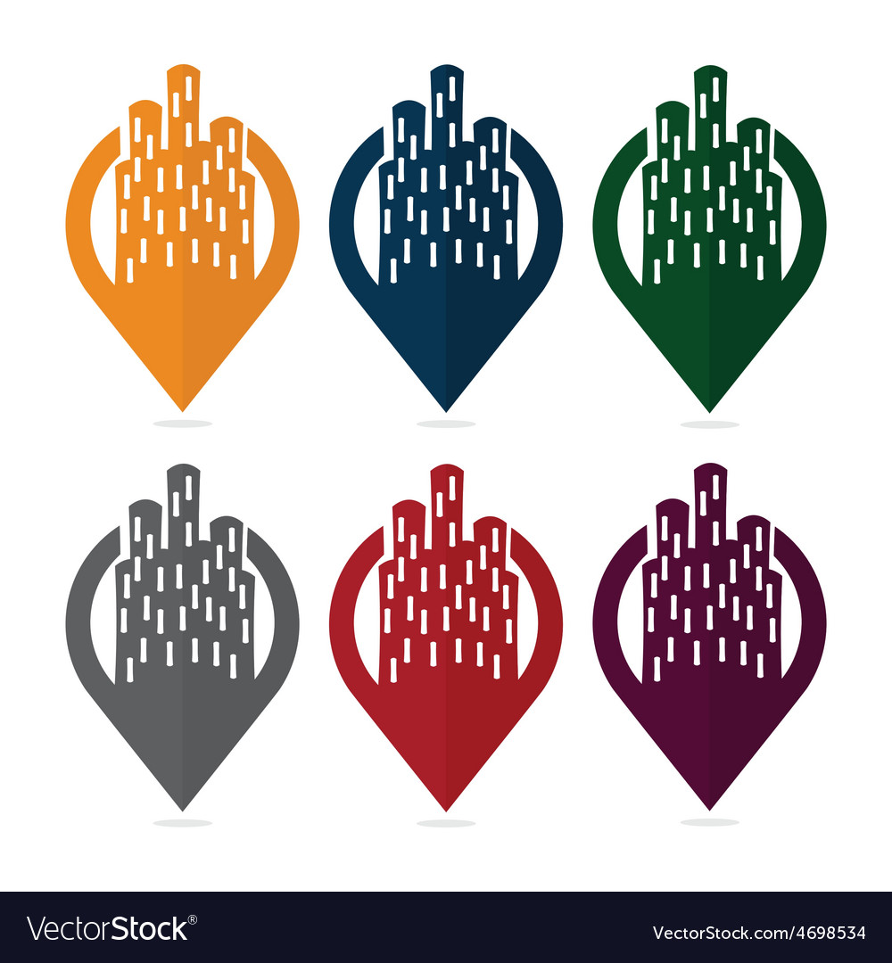 Set of pins with buildings flat design Royalty Free Vector