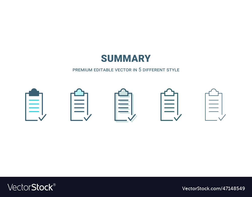 Summary icon in 5 different style outline filled Vector Image