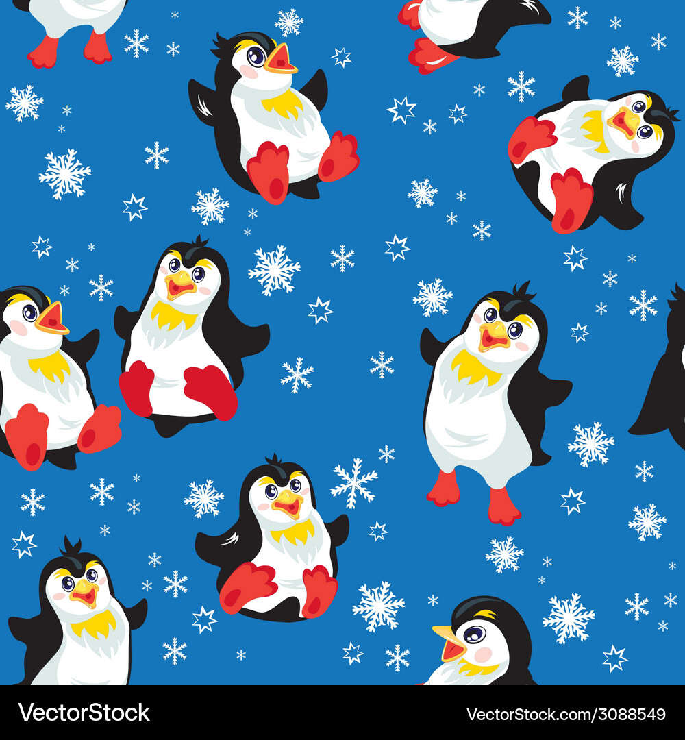 Winter Penguins & Snowflakes Pattern Vector Image