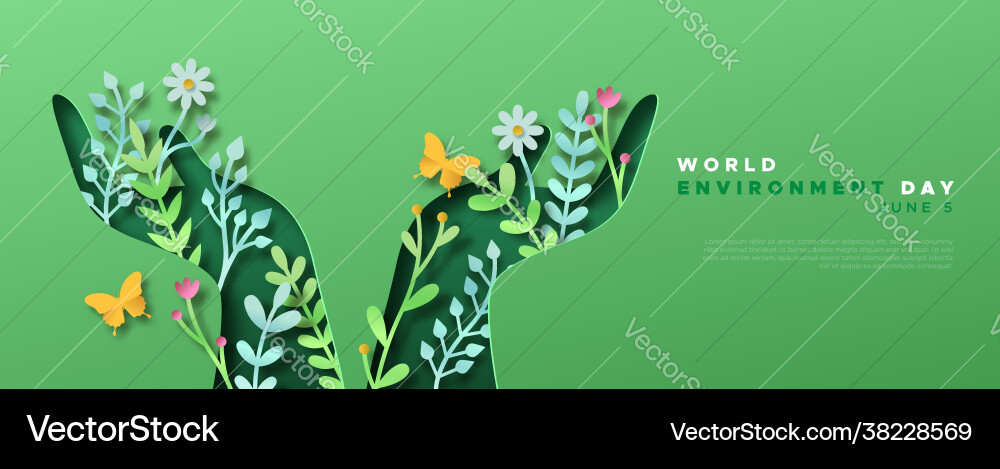 Environment day green papercut hand web template Vector Image
