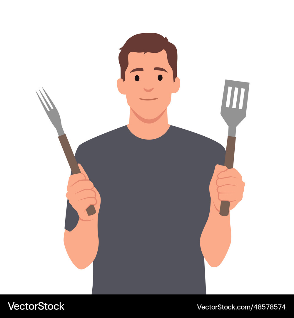 Chef or happy cook holding a grill tools spatula Vector Image