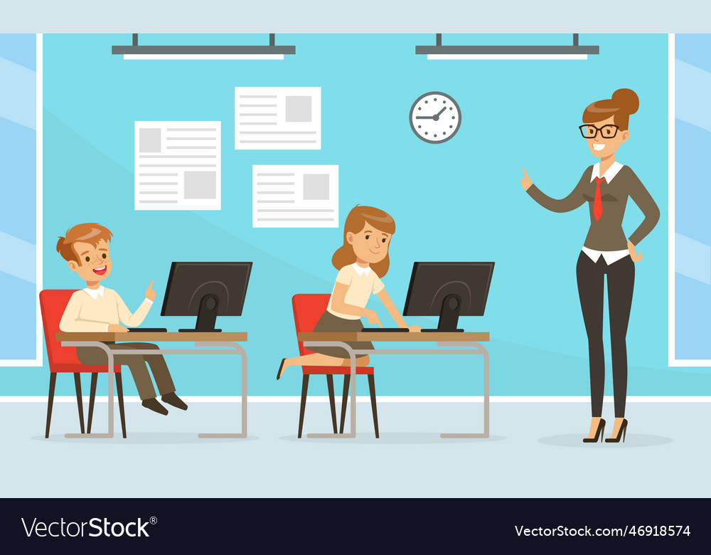 School children at informatics or programming Vector Image