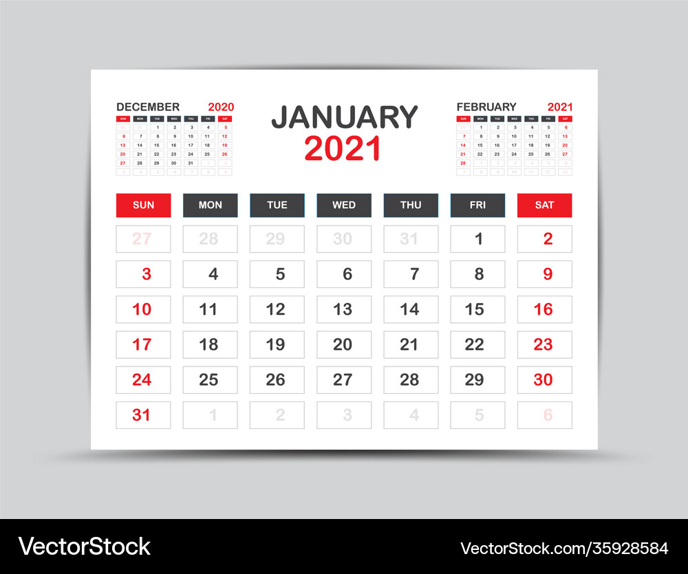 Calendar 2021 template january Royalty Free Vector Image