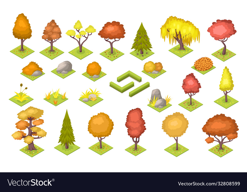 Set isolated autumn trees and stones Royalty Free Vector