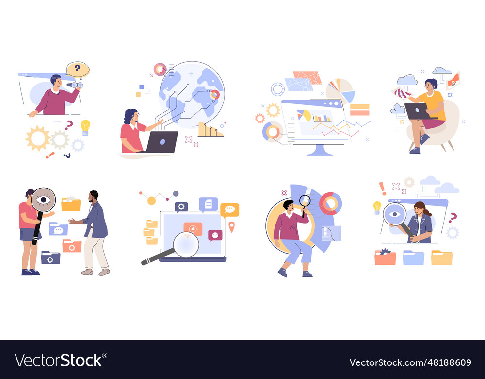 Gathering data flat set Royalty Free Vector Image