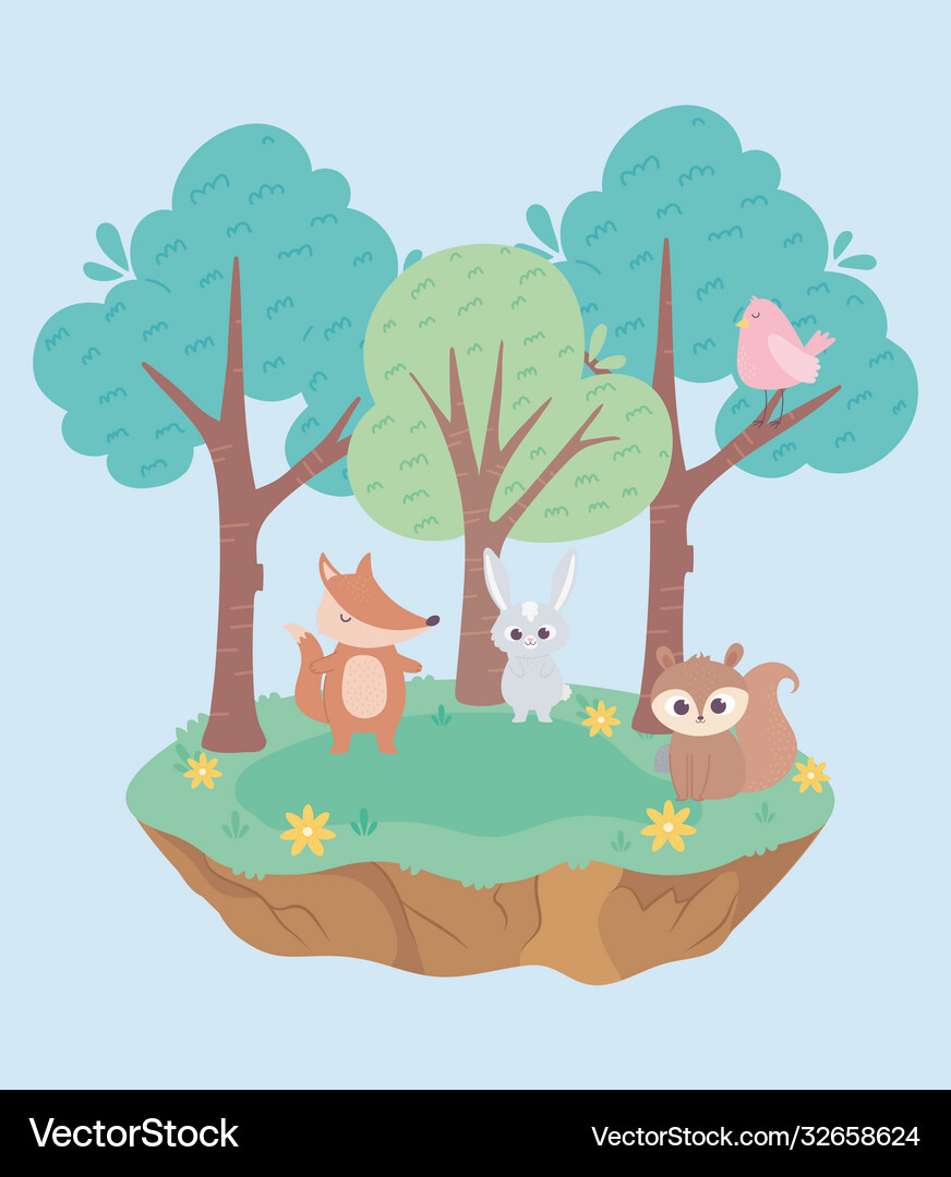 Cute little rabbit fox bird and squirrel animals Vector Image
