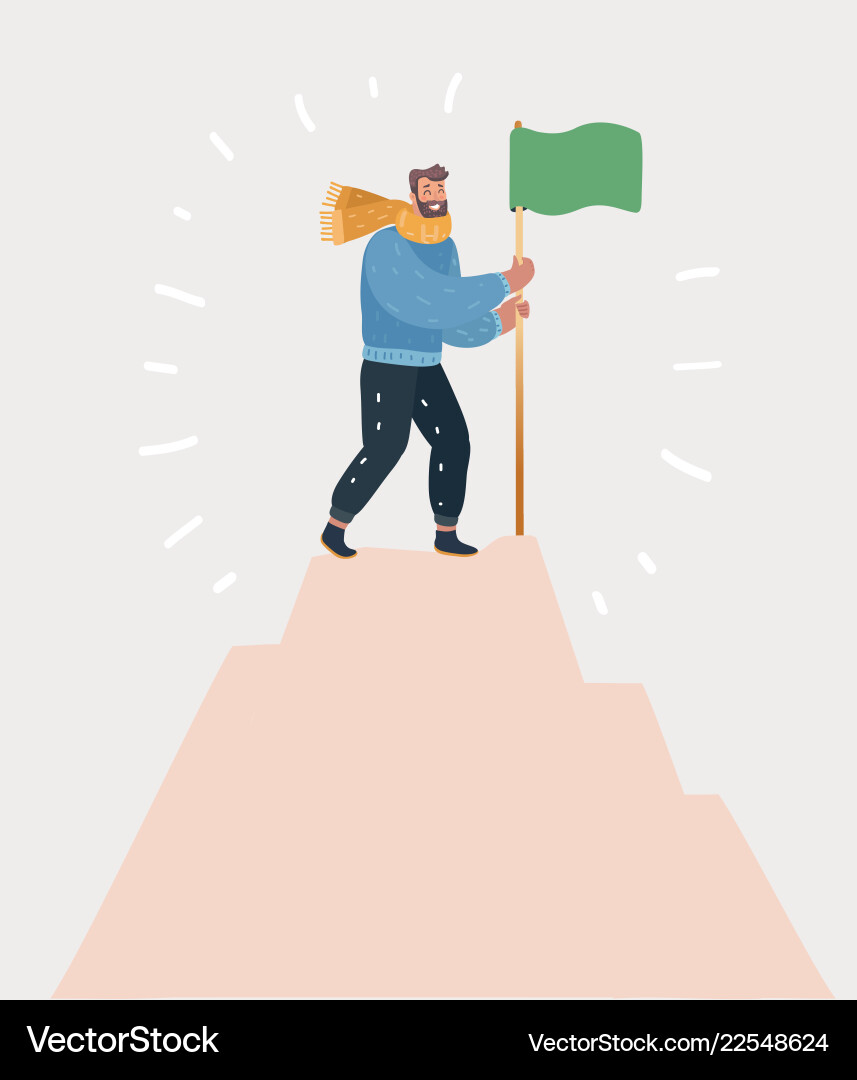 Victorious Man Standing On Top Holding A Flag Vector Image