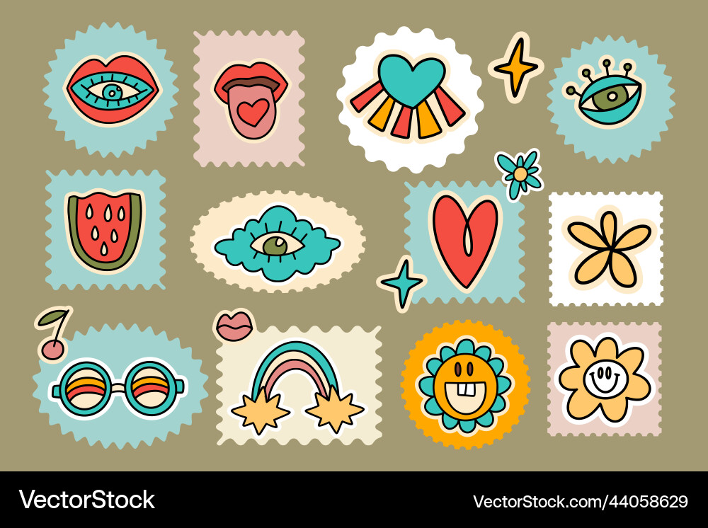 Groovy sticker set postage stamp heart cloud eye Vector Image