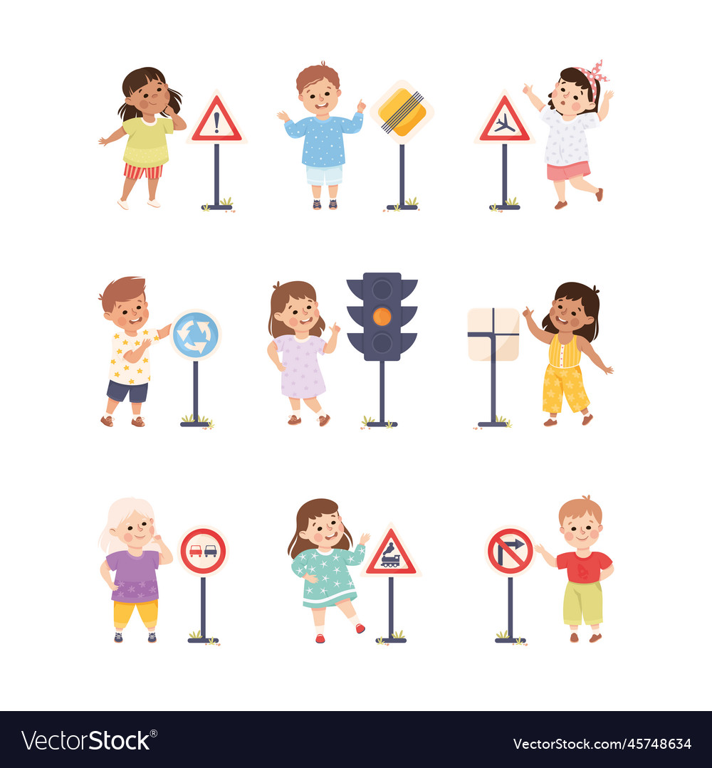 Cute children learning rules of road engaged in Vector Image