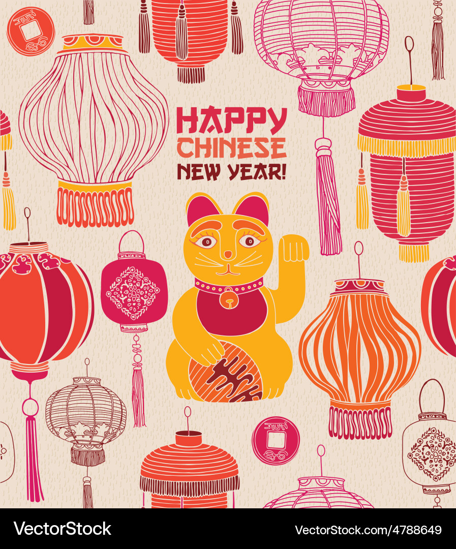 Chinese lanterns lucky cat Royalty Free Vector Image