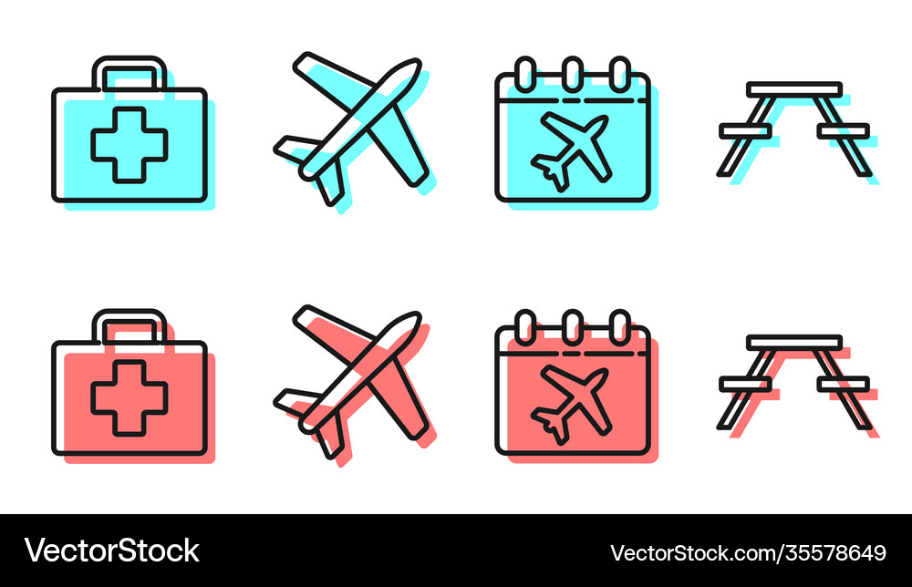 Set line calendar and airplane first aid kit Vector Image