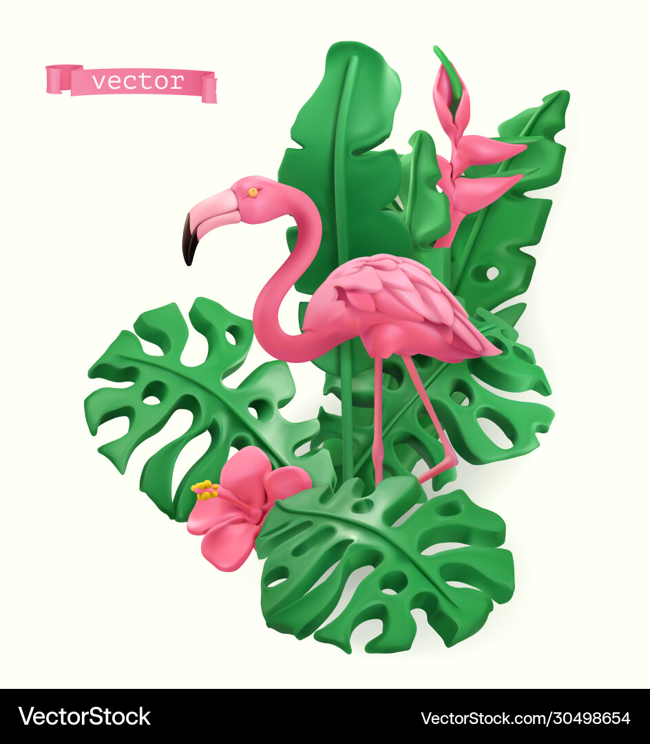 Flamingo and tropical leaves summer time concept Vector Image