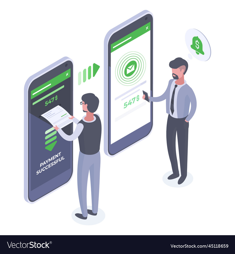 Isometric mobile payment males pay online Vector Image