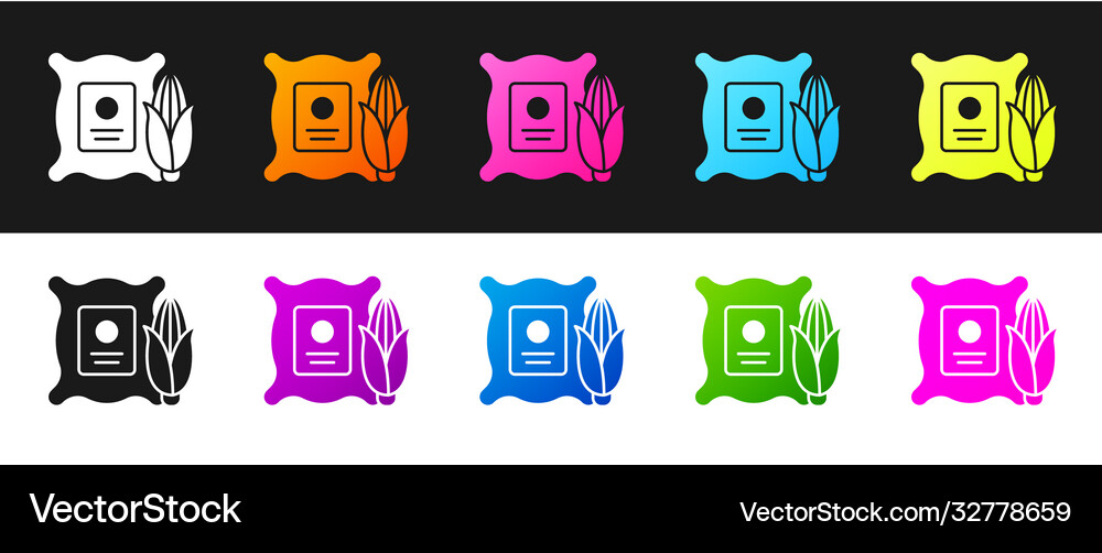 Set corn in sack icon isolated on black Royalty Free Vector