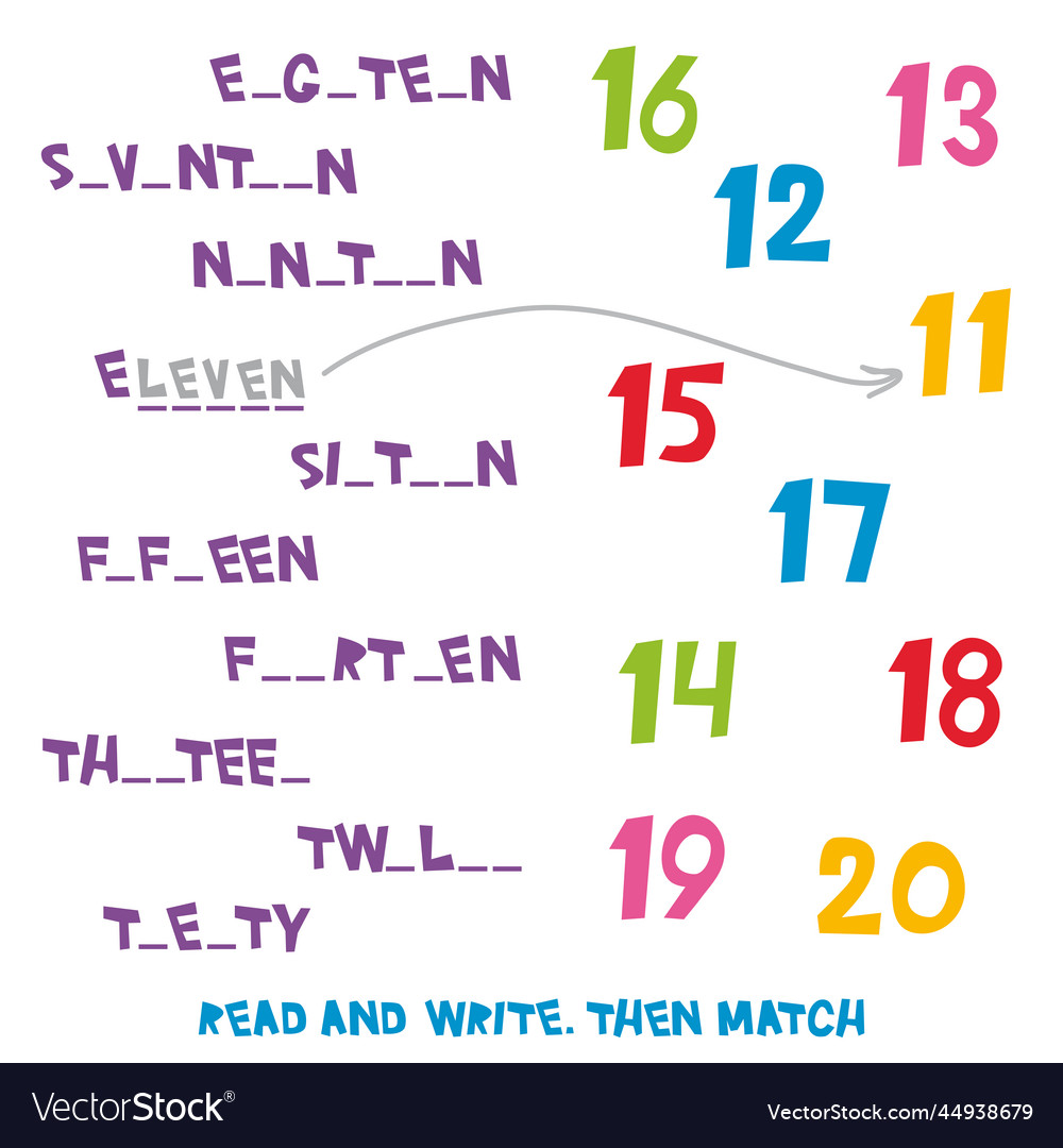 Read and write then match the numbers 11 to 20 Vector Image