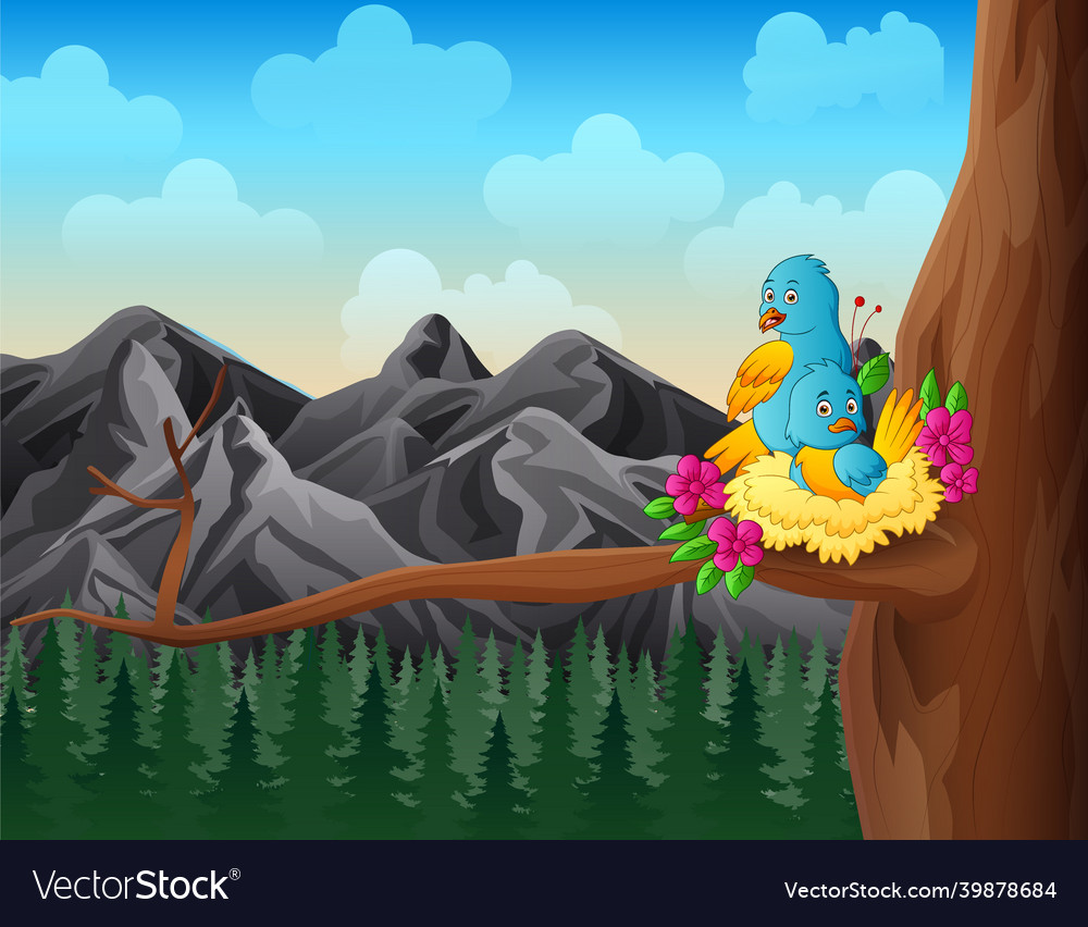 Little birds in the nest on tree Royalty Free Vector Image