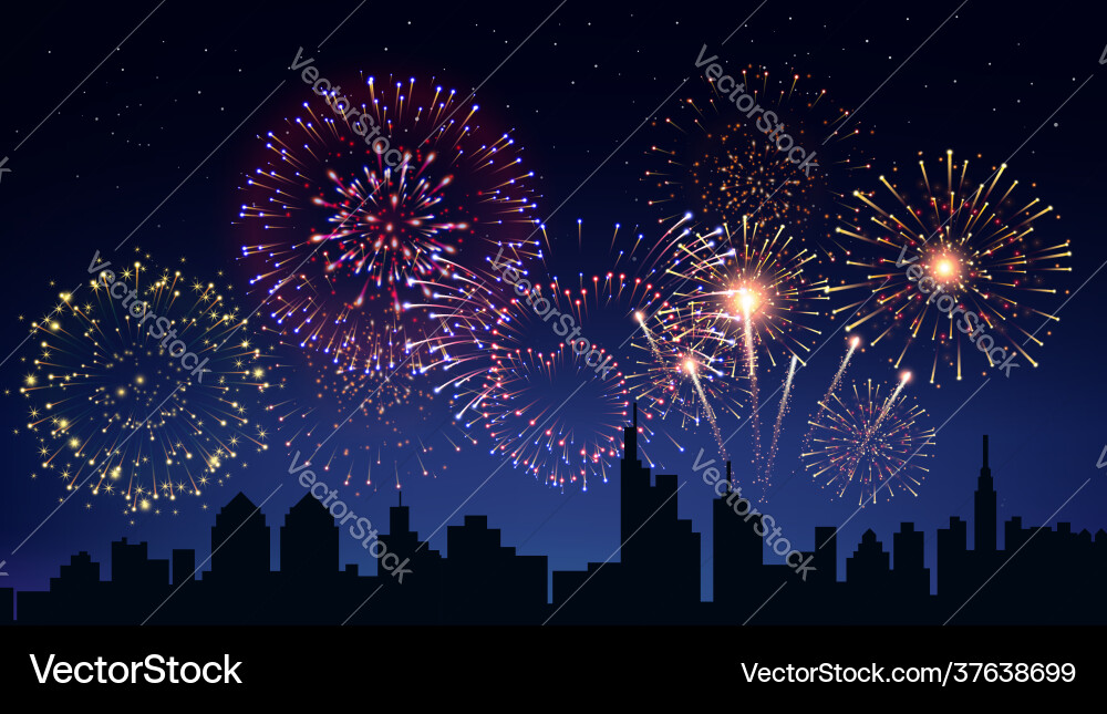 Pyrotechnics and fireworks in city background Vector Image