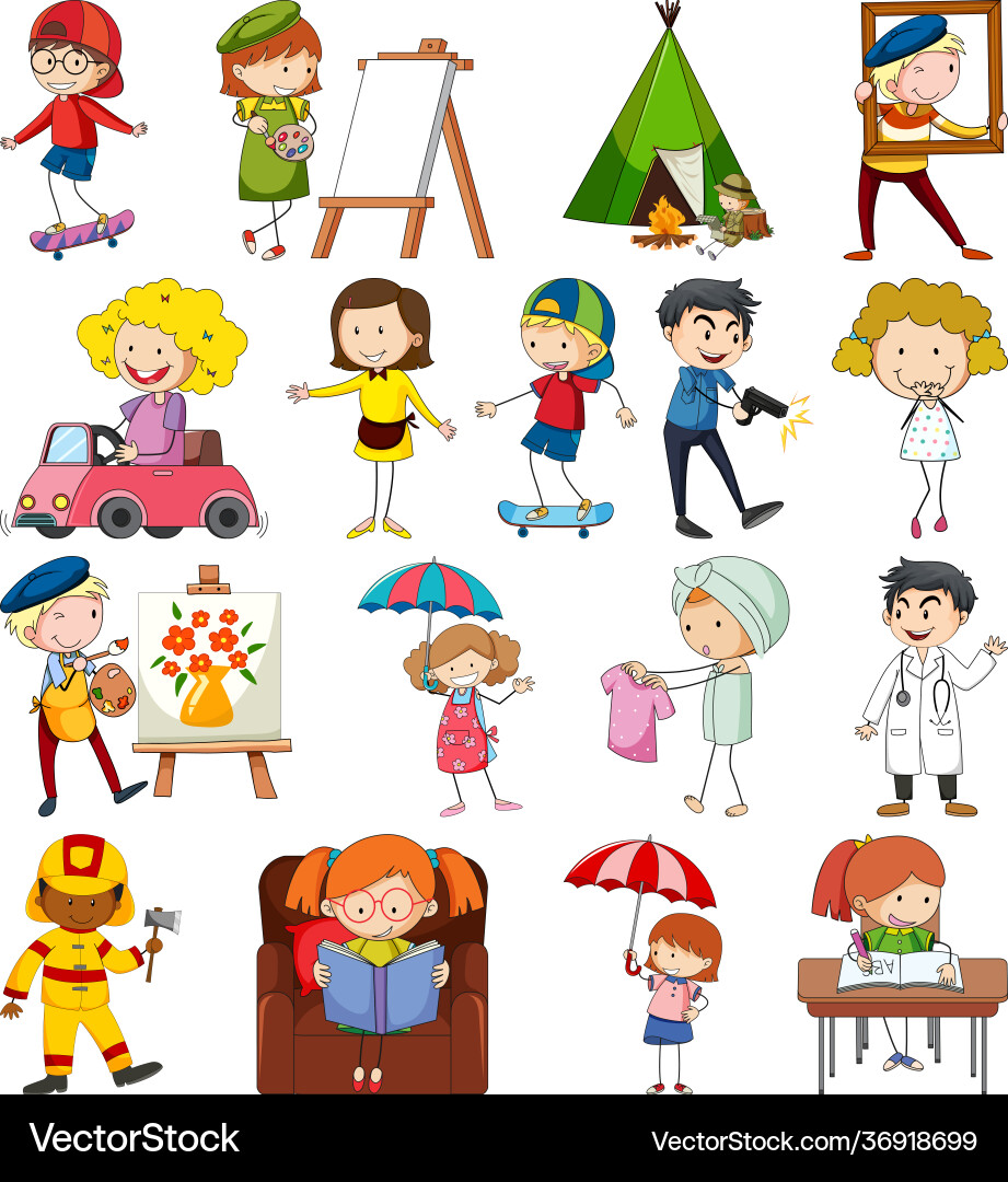 Set different doodle kids cartoon character Vector Image