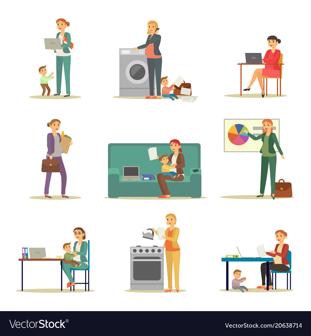 Successful Businesswoman And Excellent Mother Set Vector Image